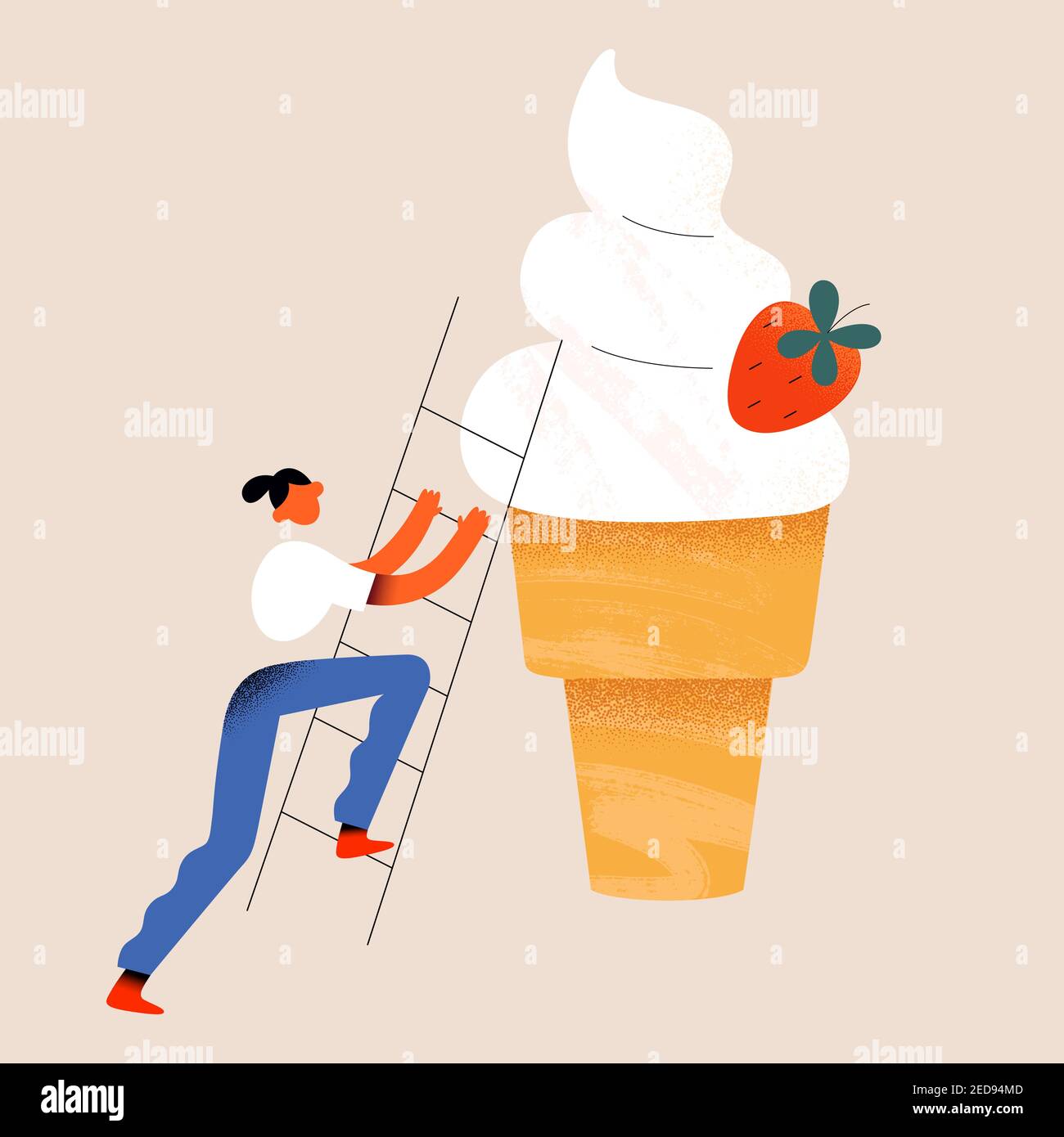 Woman with vanilla ice cream cone, tiny human character going up a ...