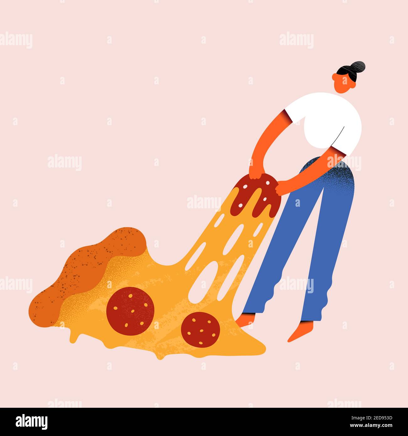 Woman with pizza slice, tiny female character holding and pulling a ...