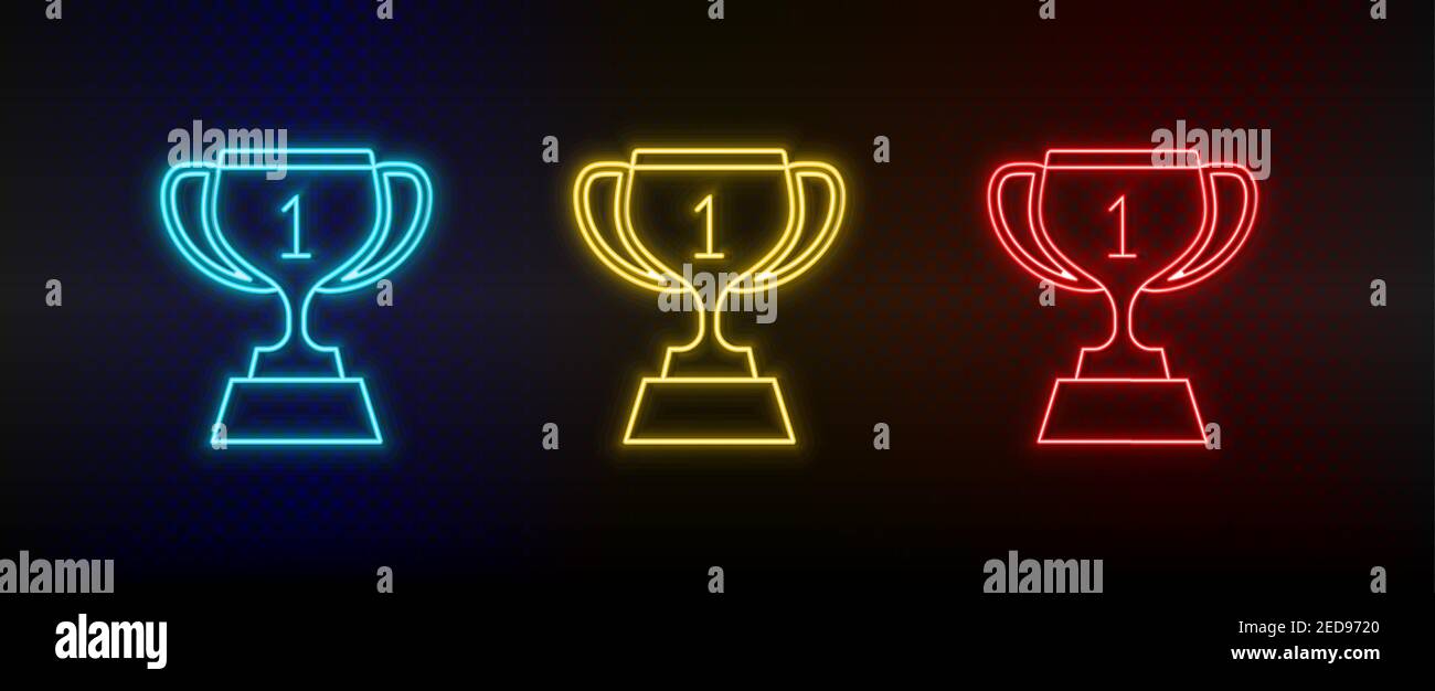 Neon icon set achievement, award. Set of red, blue, yellow neon vector ...