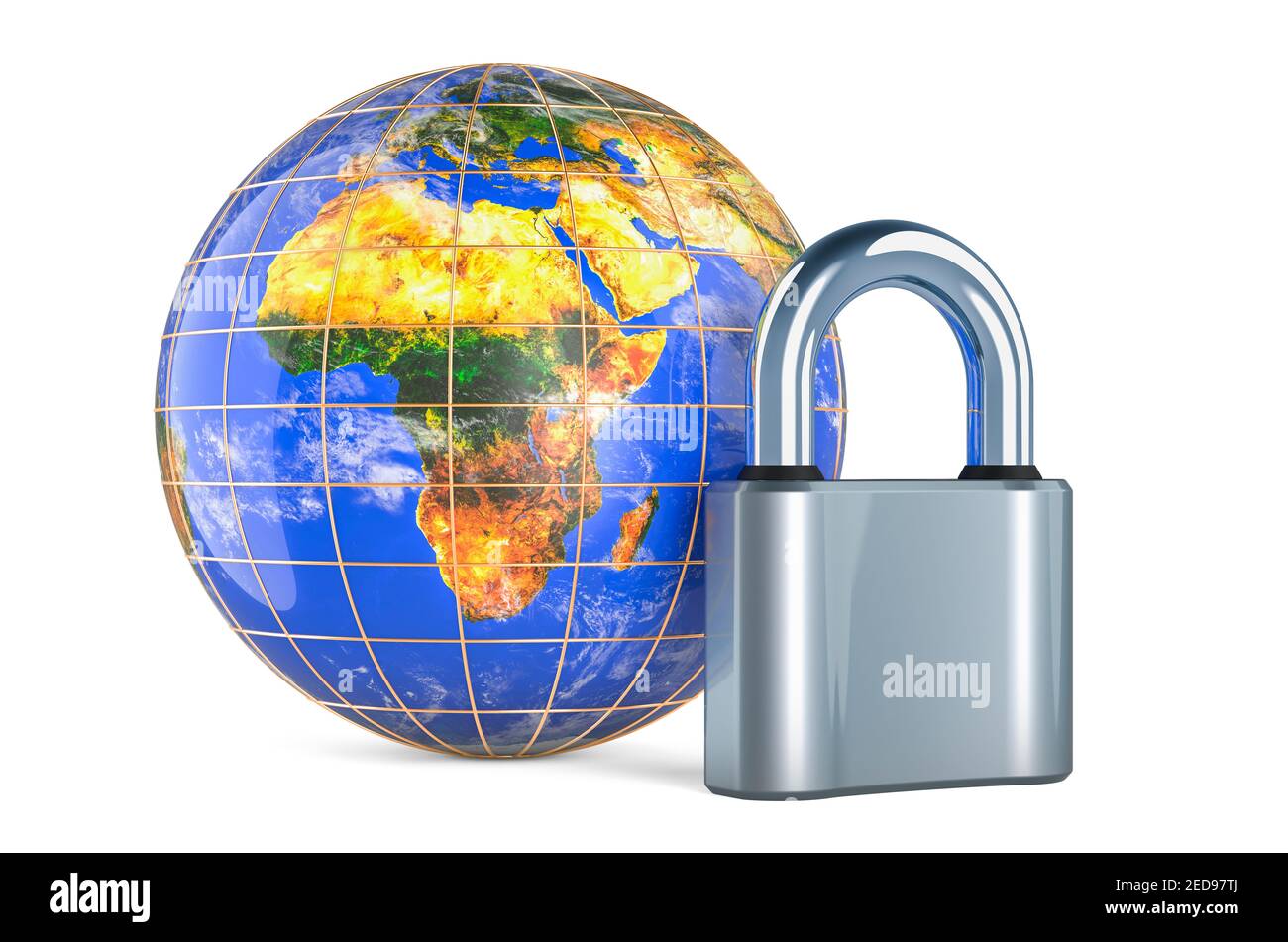 Earth Globe with padlock, 3D rendering isolated on white background ...