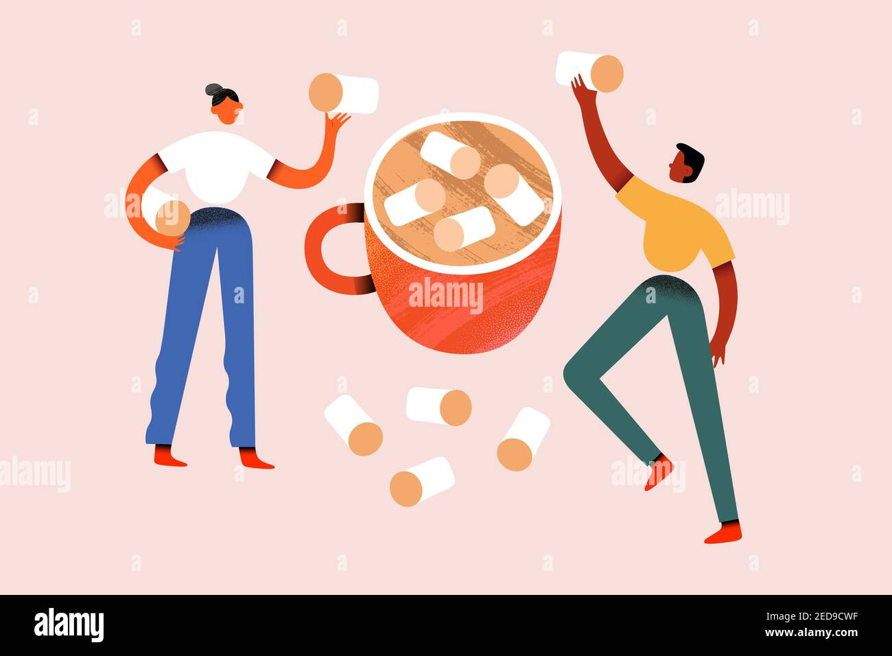 Tiny people characters making coffee drink with marshmallow. Putting ...