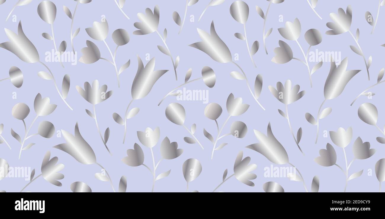 Vector silver and blue seamless pattern with hand drawn flowers and ...