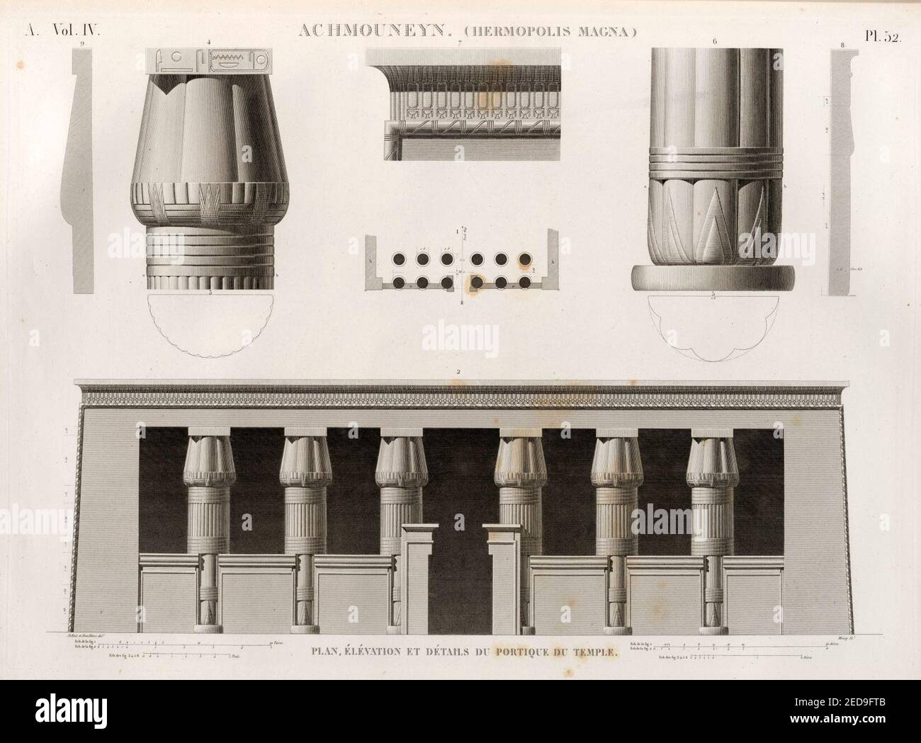 Achmouneyn (Hermopolis Magna). Plan, élévation et détails du portique ...