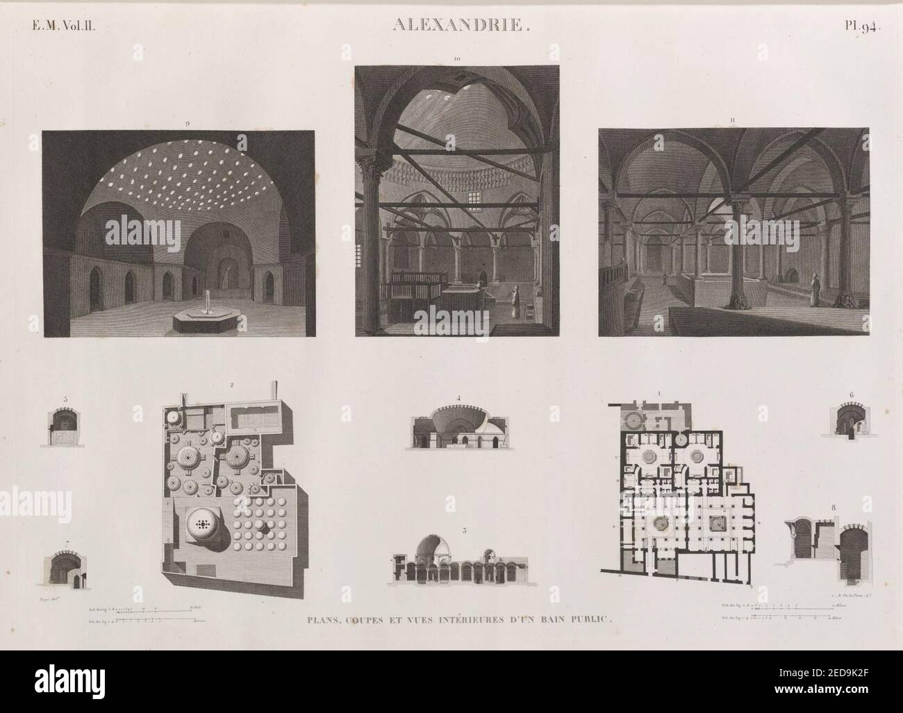 Alexandrie (Alexandria). Plans, coupes et vues intérieures d'un bain ...