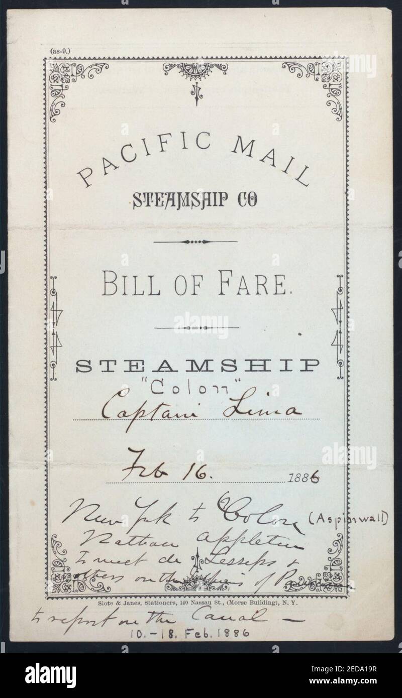 BILL OF FARE (held by) PACIFIC MAIL STEAMSHIP CO. (at) ''STEAMSHIP ...