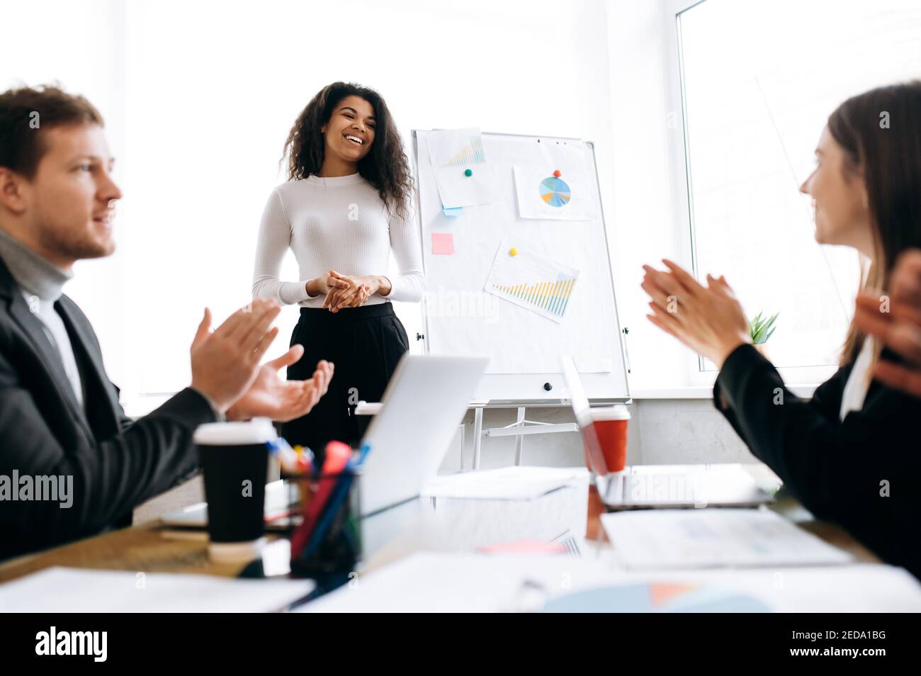 Successful business woman present own project at briefing meeting ...