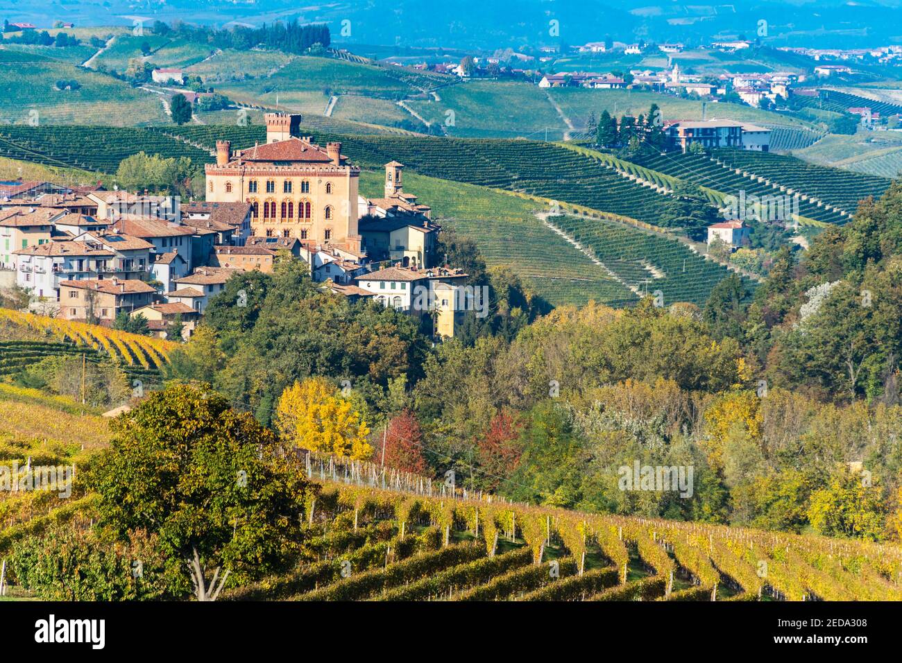 The picturesque town of Barolo with its castle among the vineyards of ...