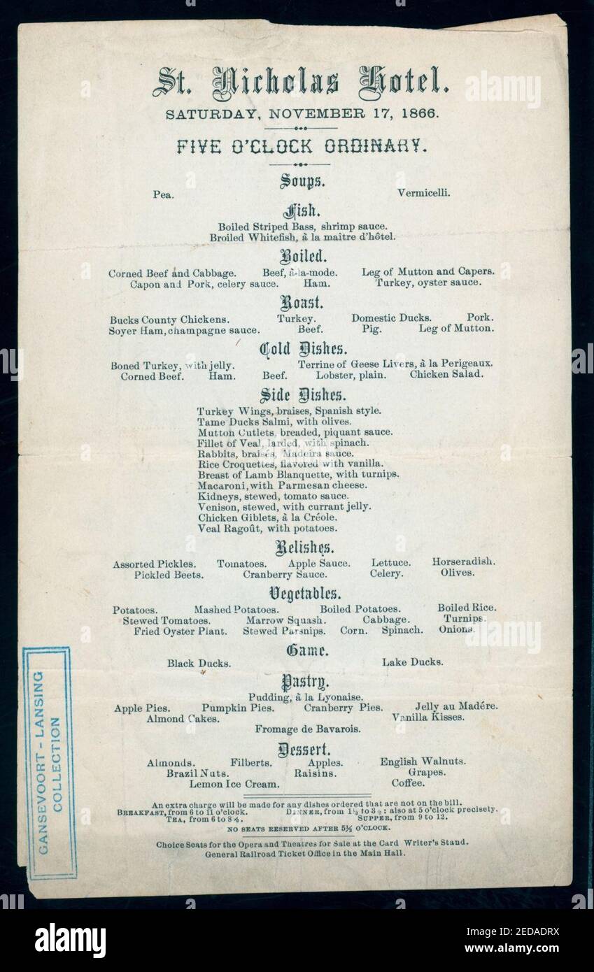 DAILY DINNER MENU (held by) ST. NICHOLAS HOTEL (at) (HOTEL Stock Photo ...