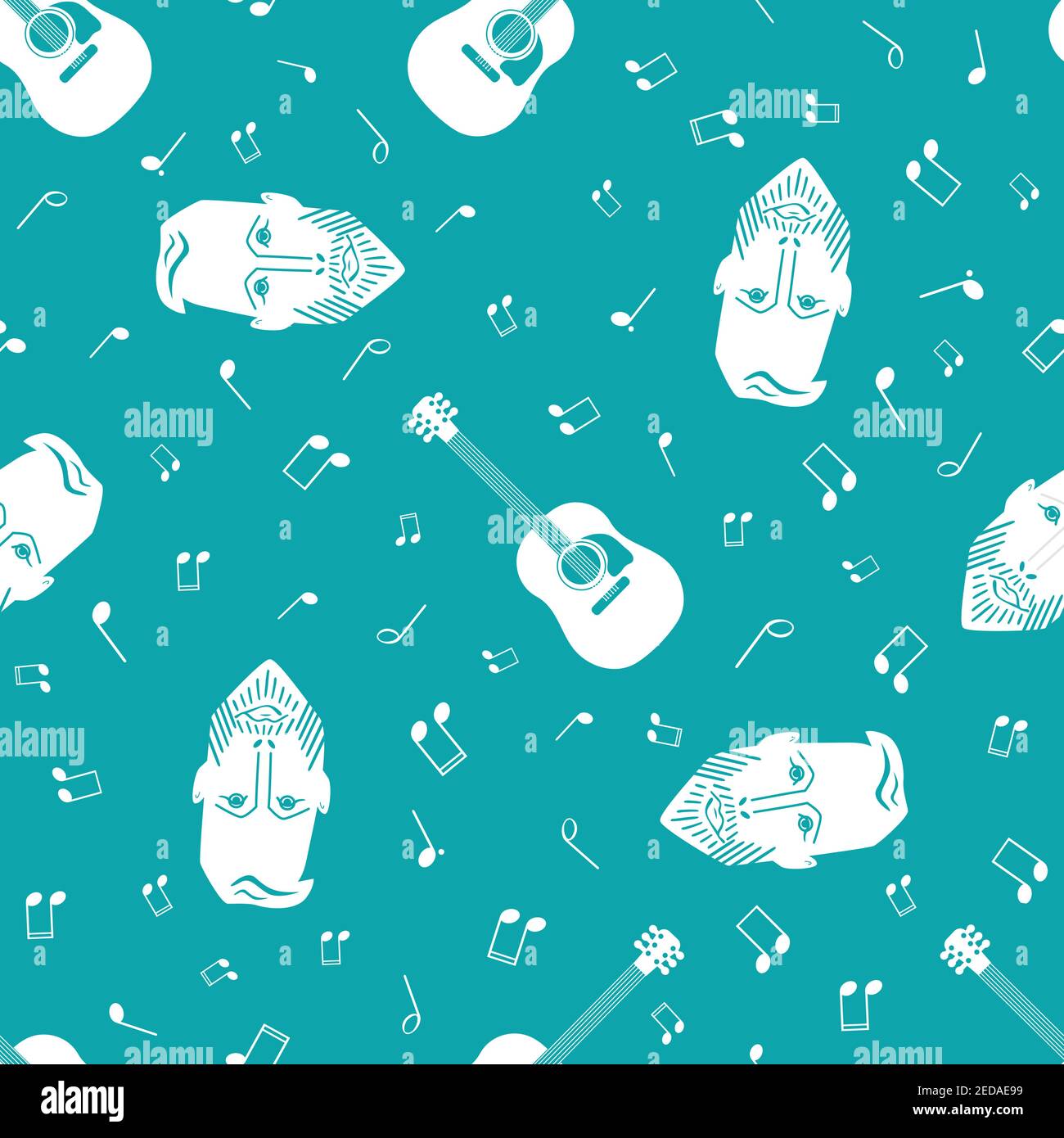 Acoustic guitar, male face, music notes vector seamless pattern ...