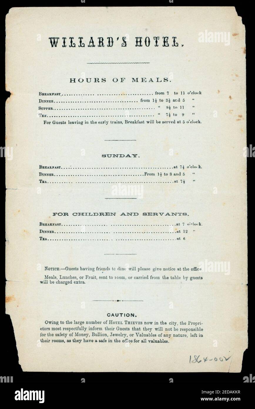 DINNER MENU (held by) WILLARDS HOTEL (at) ''WASHINGTON, D.C.'' (HOTEL ...