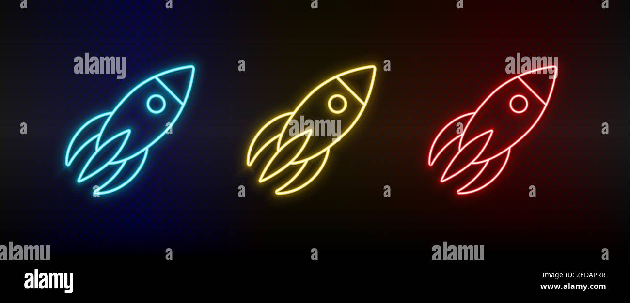 Neon icon set rocket, spaceship. Set of red, blue, yellow neon vector ...