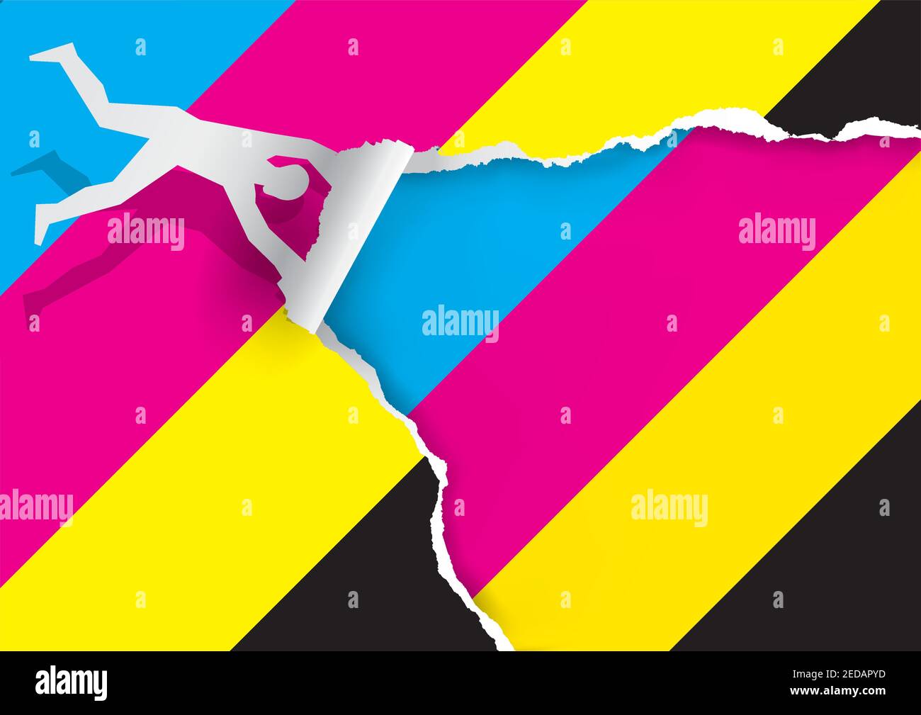 Man blowing in the wind, tearing paper, with print colors. Torn paper ...