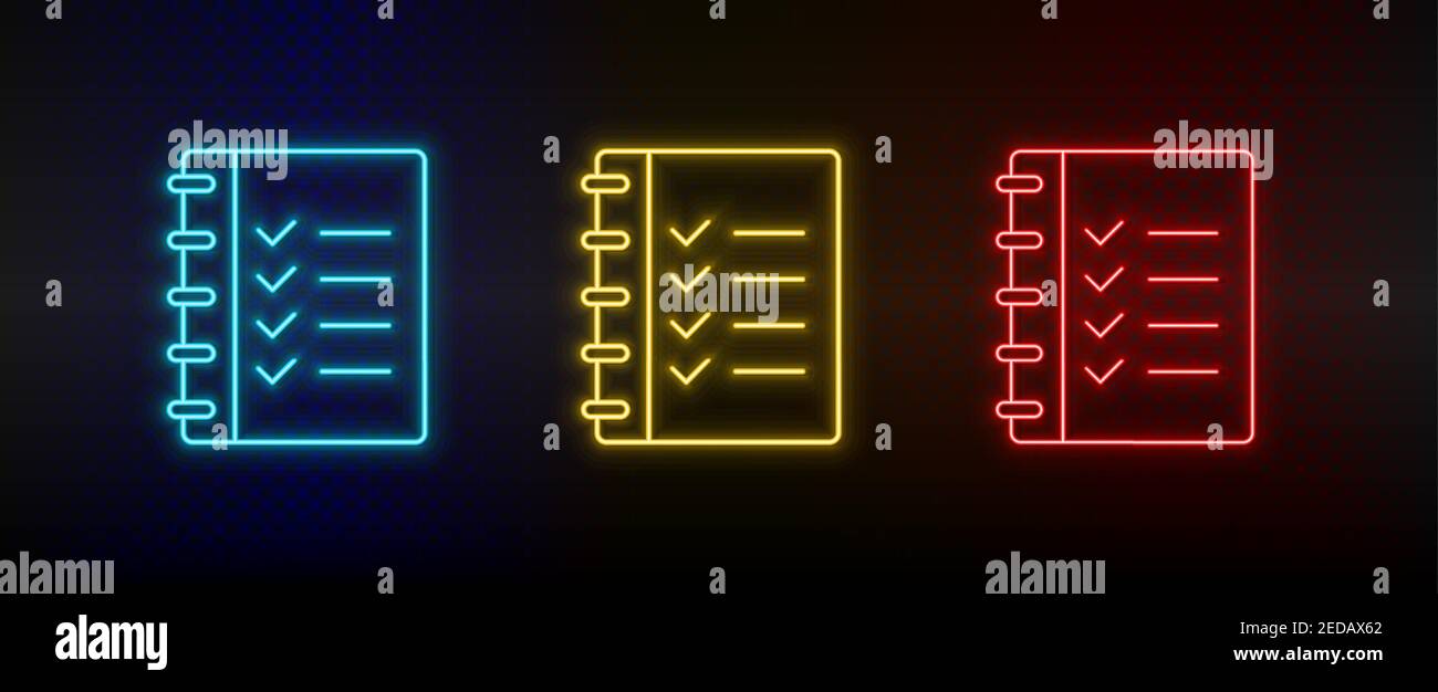Neon icon set checklist, list. Set of red, blue, yellow neon vector ...
