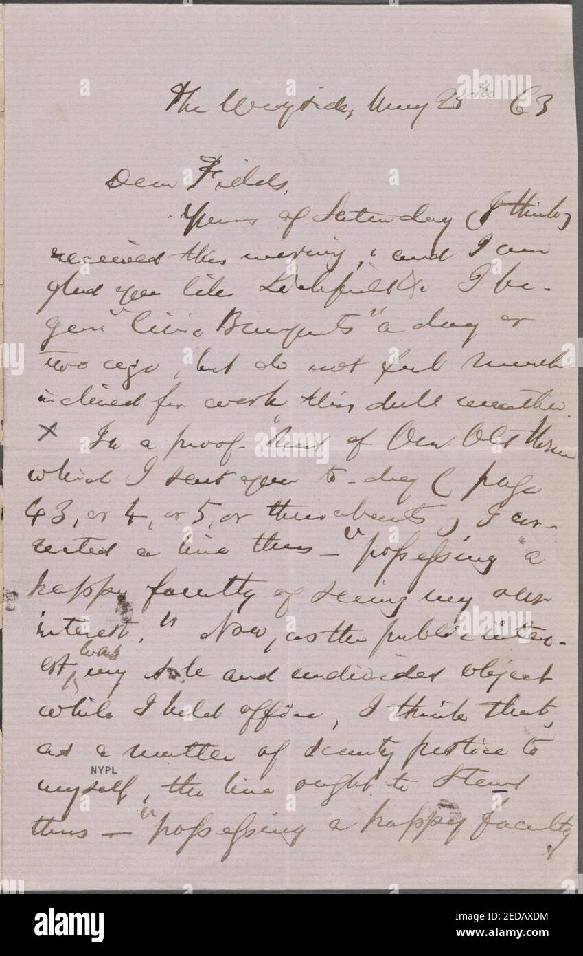 Fields, (James T.), ALS to. May 25, 1863. (Previously May 28, 1863 ...