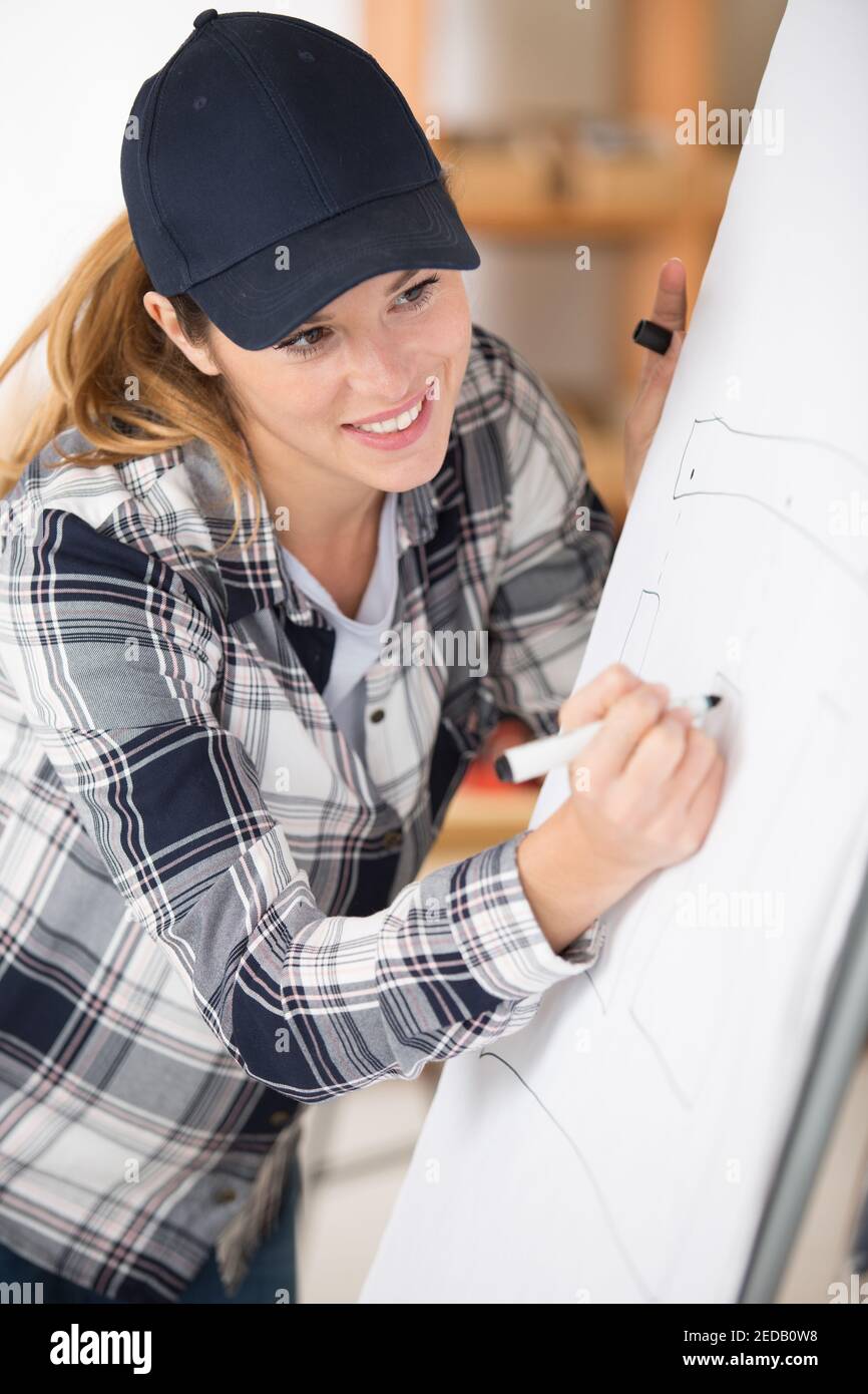 female engineer drawing design on flipchart Stock Photo - Alamy