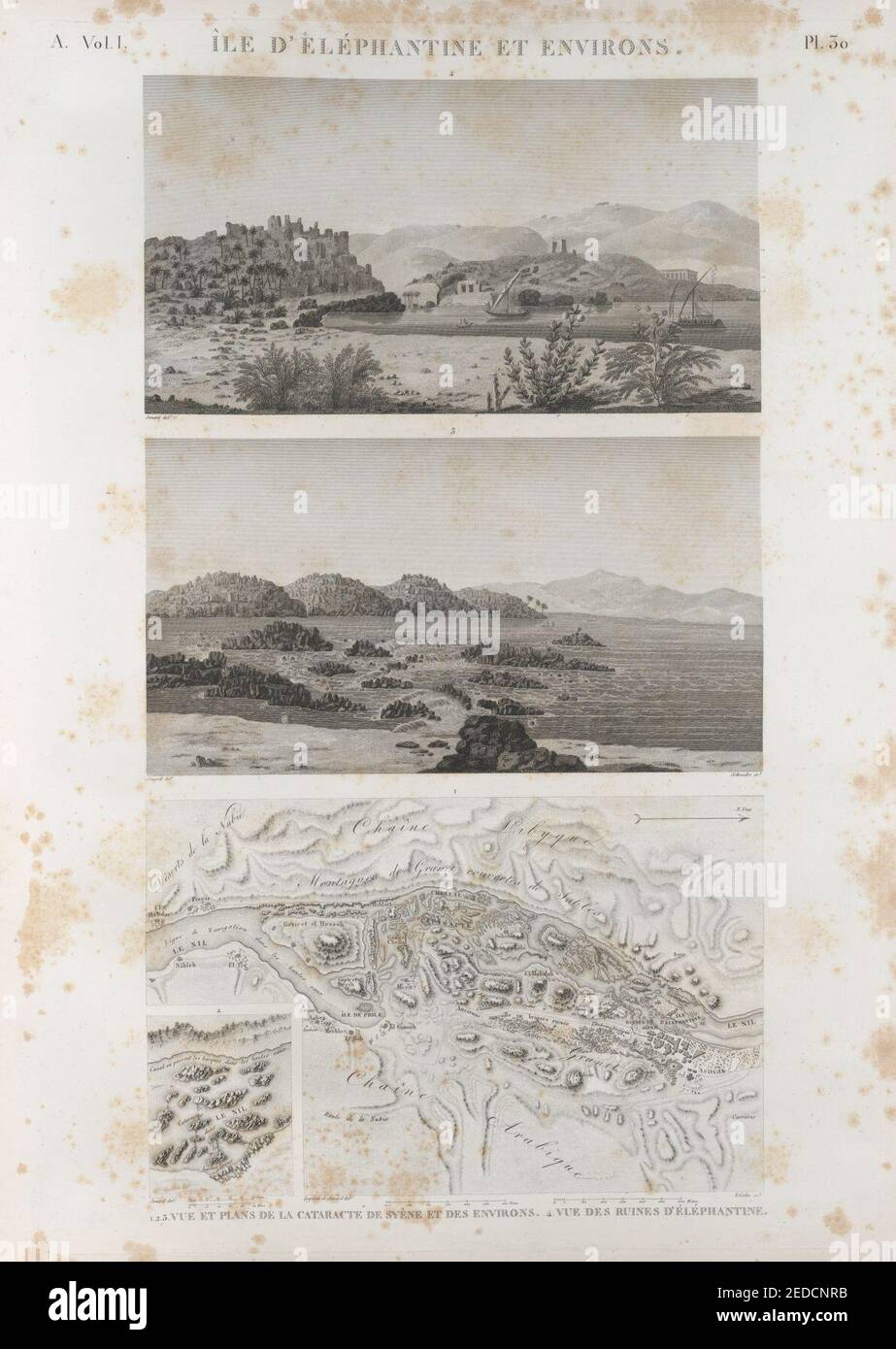 Île d'Éléphantine et environs. 1-3. Vue et plans de la cataracte de ...