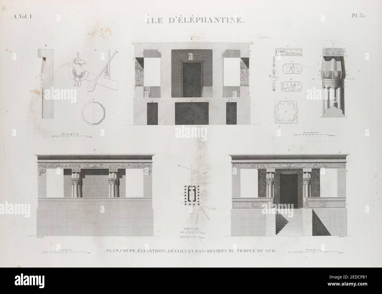 Île d'Éléphantine. Plan, coupe, élévations, détails et bas-reliefs du ...