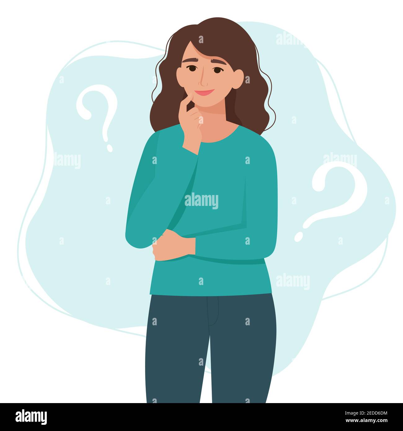 Thinking, but happy woman with question marks. Flat cartoon style ...