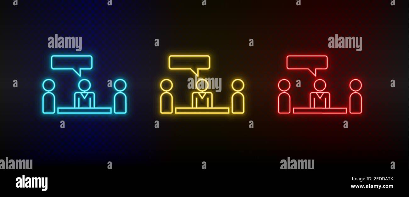 Neon icon set business meeting, job interview. Set of red, blue, yellow ...