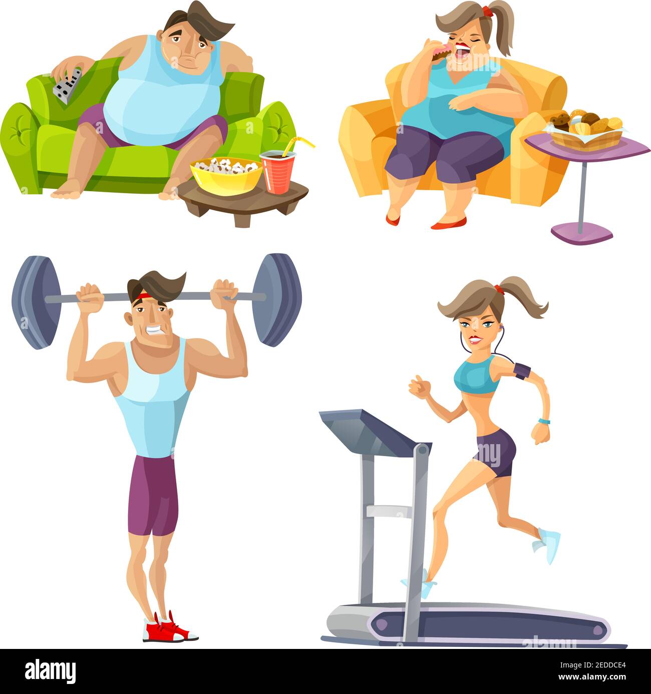 Obesity and health cartoon set with food fitness and lifestyle isolated ...