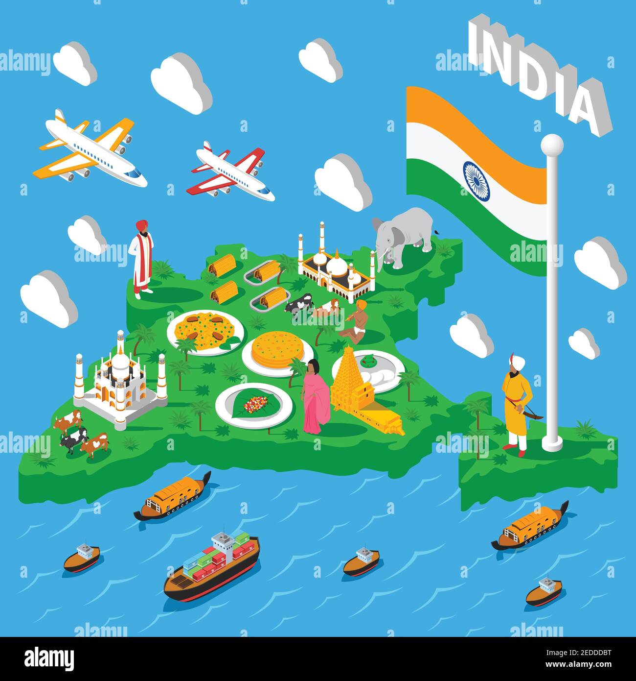 Indian map for tourists with transportation means landmarks cultural ...