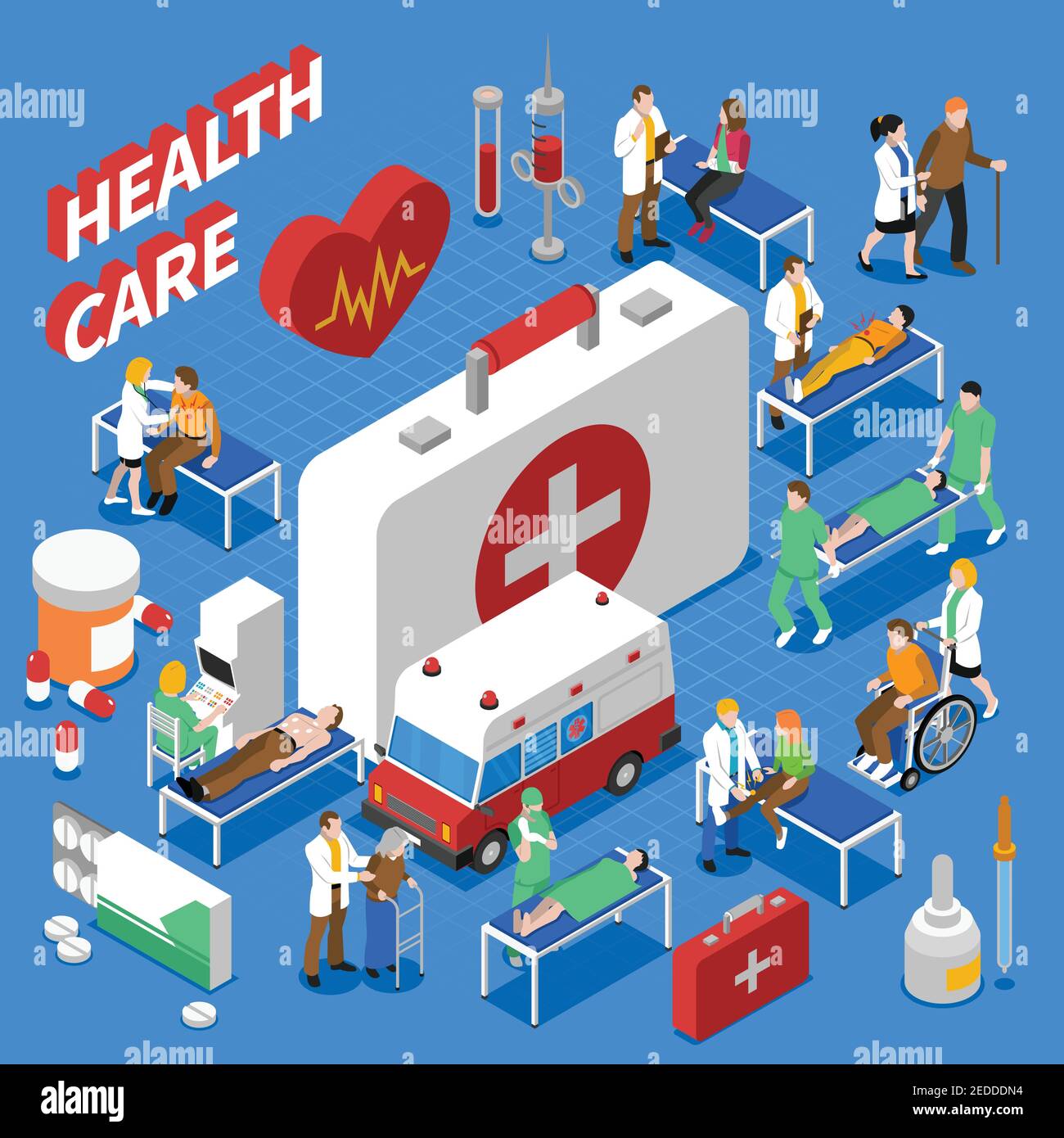 Doctor patient communication with ambulance medical kit and stretcher ...