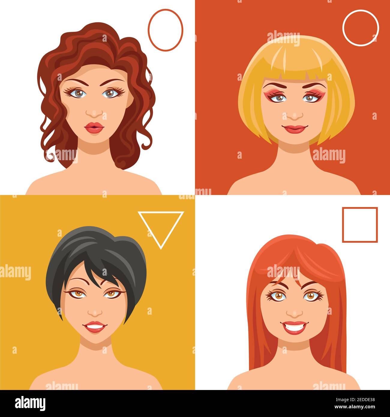 Women faces set with oval round triangle and square shapes flat ...