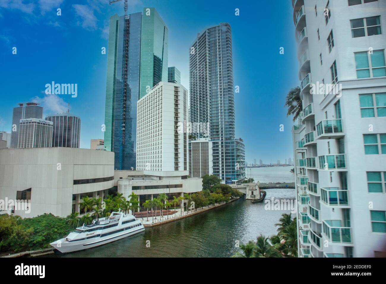 The mouth of the Miami River seen from the Metromover in Miami, Florida ...