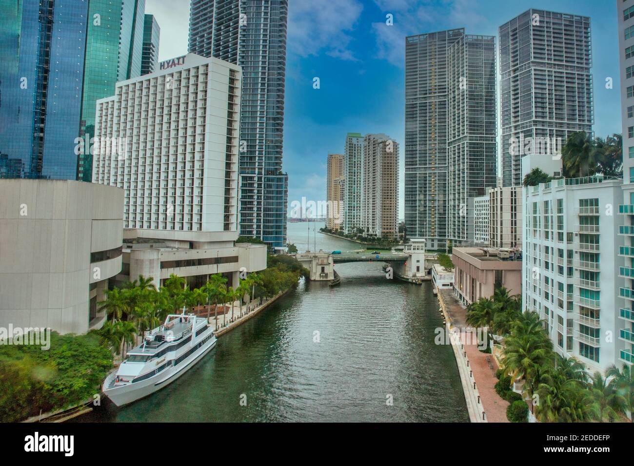 The mouth of the Miami River seen from the Metromover in Miami, Florida ...