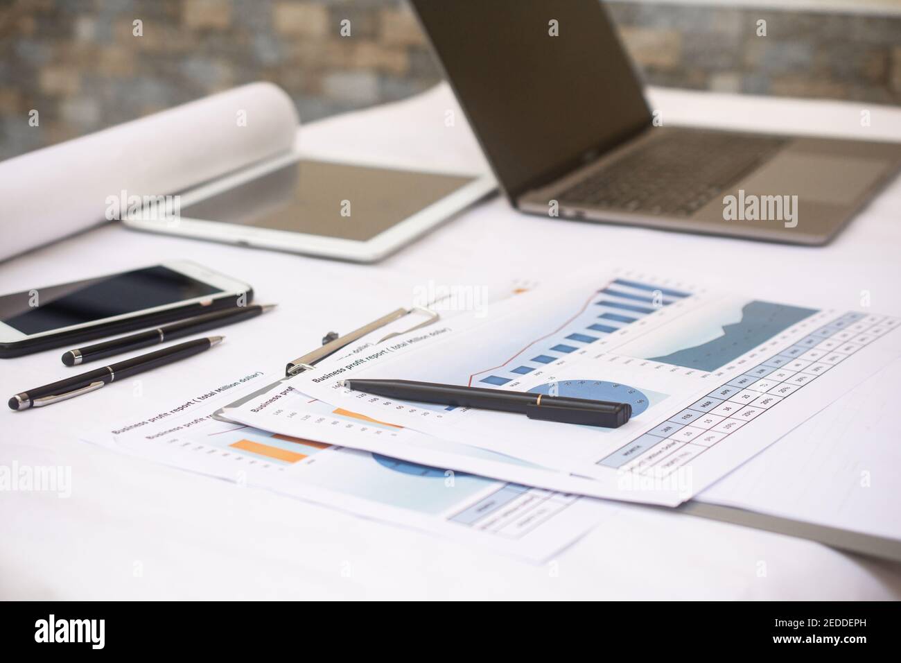 Hand working business profit report at workplace business office Stock ...