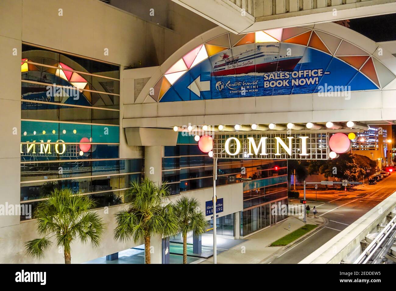 Nighttime view of the pedestrian bridge entrance to Omni from the ...
