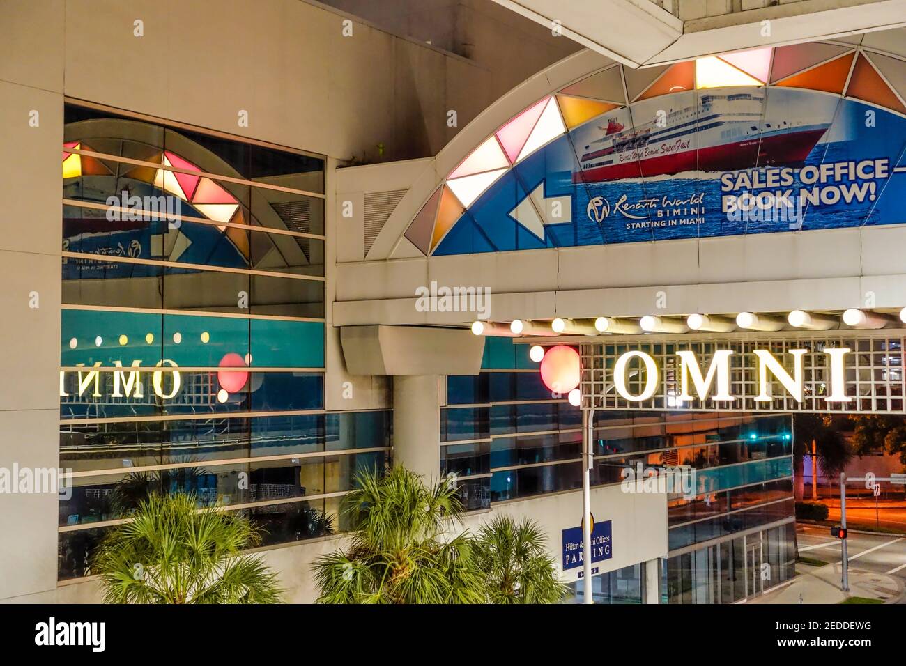 Nighttime view of the pedestrian bridge entrance to Omni from the ...