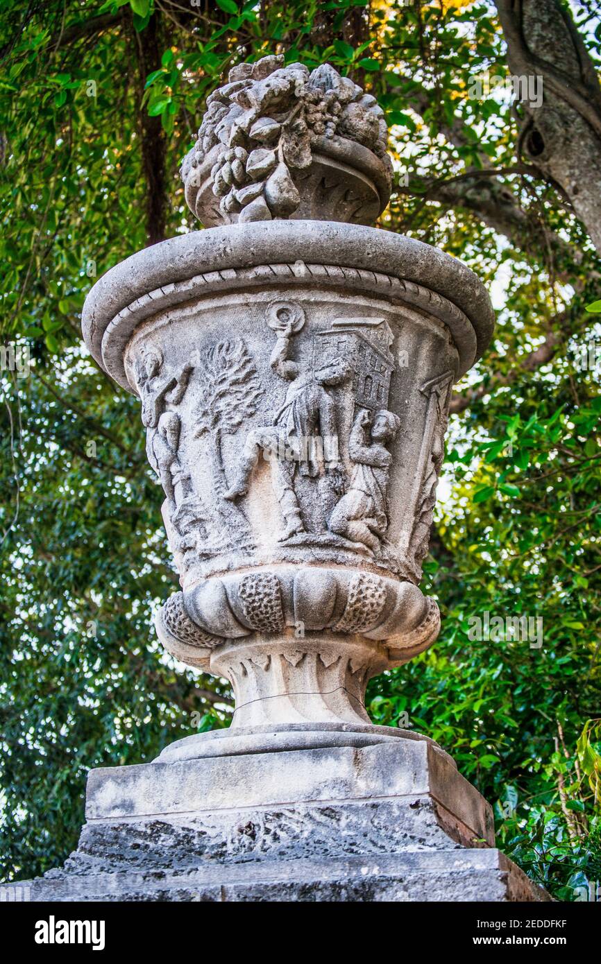 Carved stone urn with a medieval scene on the Garden Mound of Villa ...