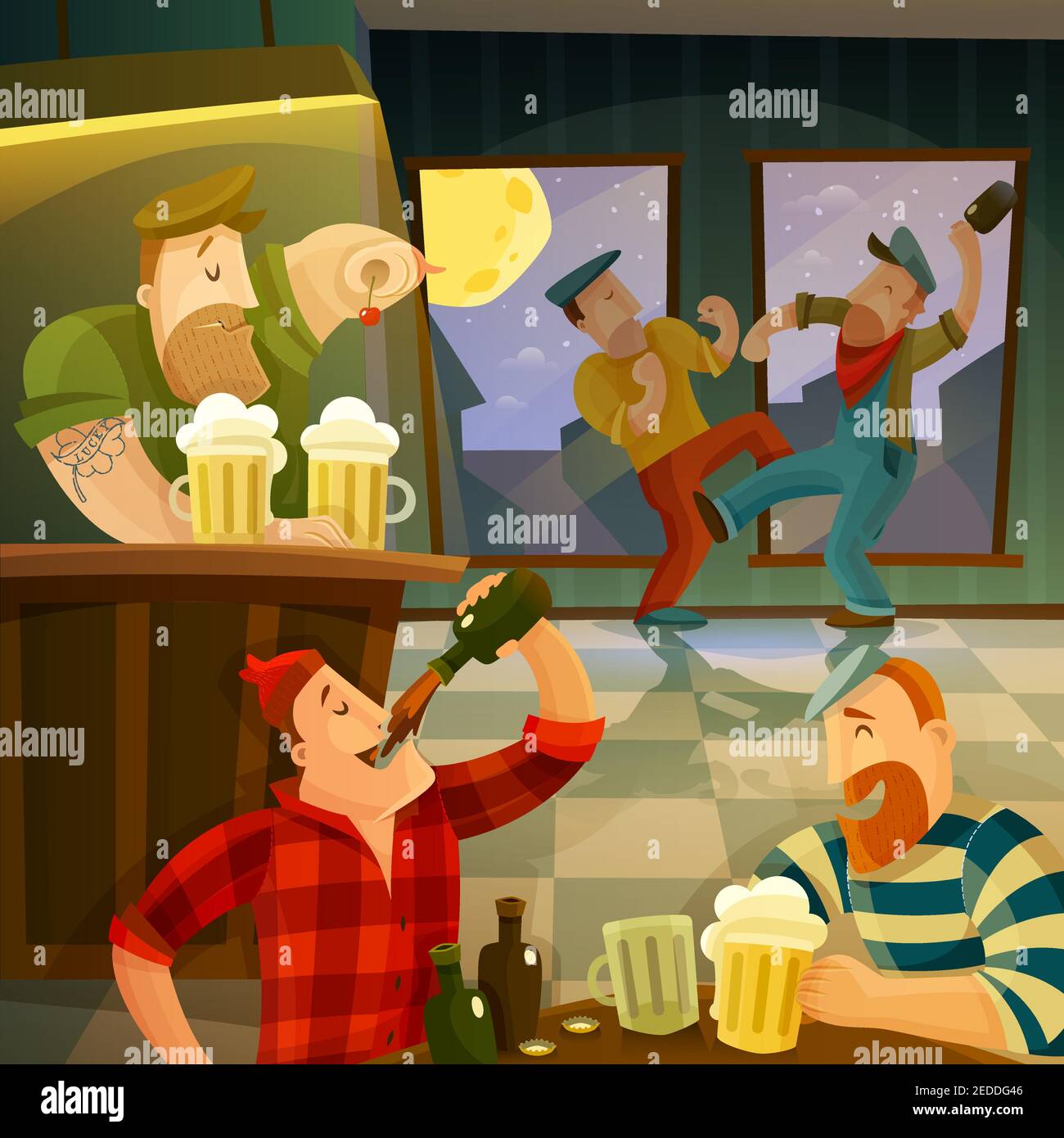 Irish pub interior with drinking and dancing people cartoon vector ...