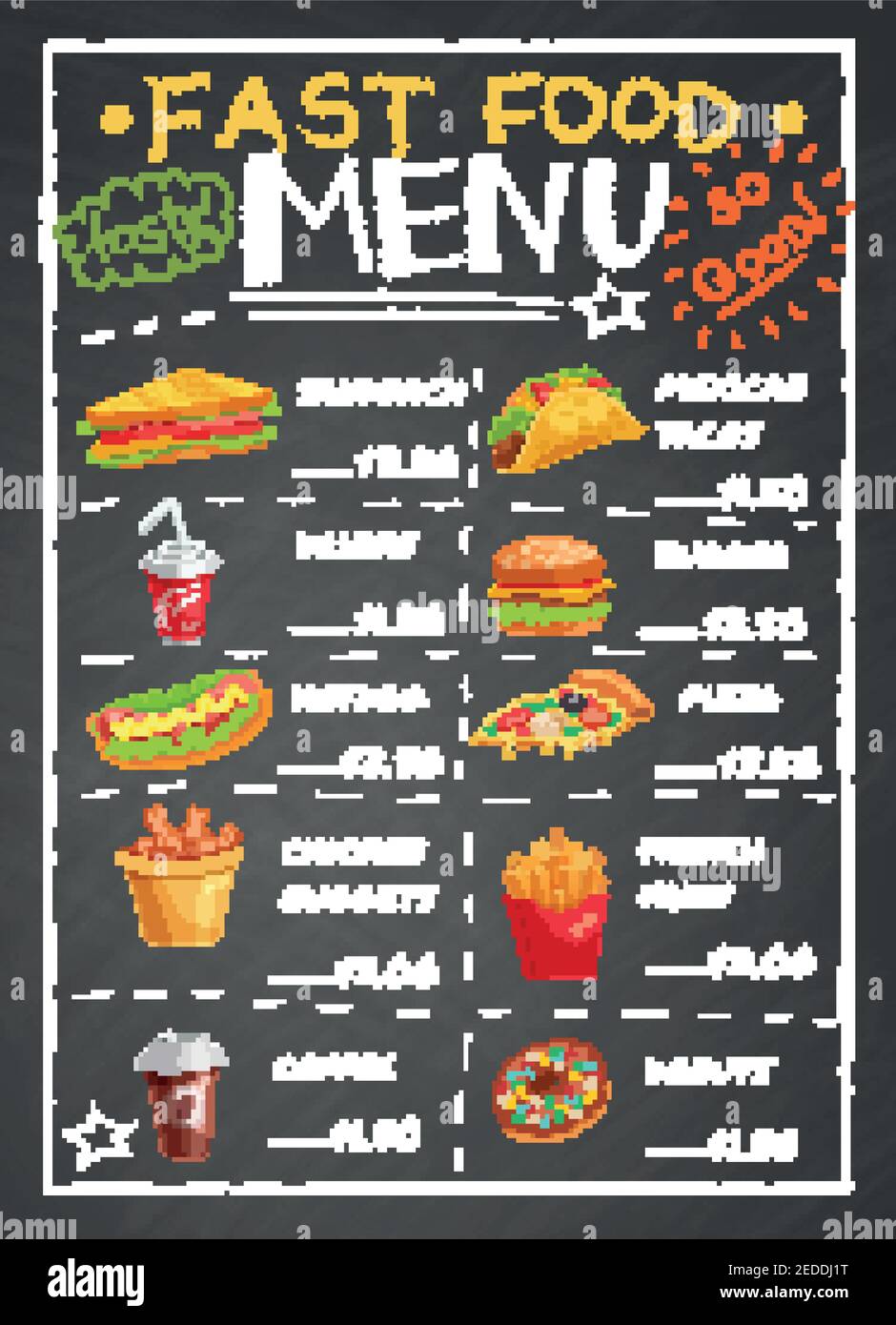 Fast food restaurant menu with sandwiches nuggets potato fries pizza ...