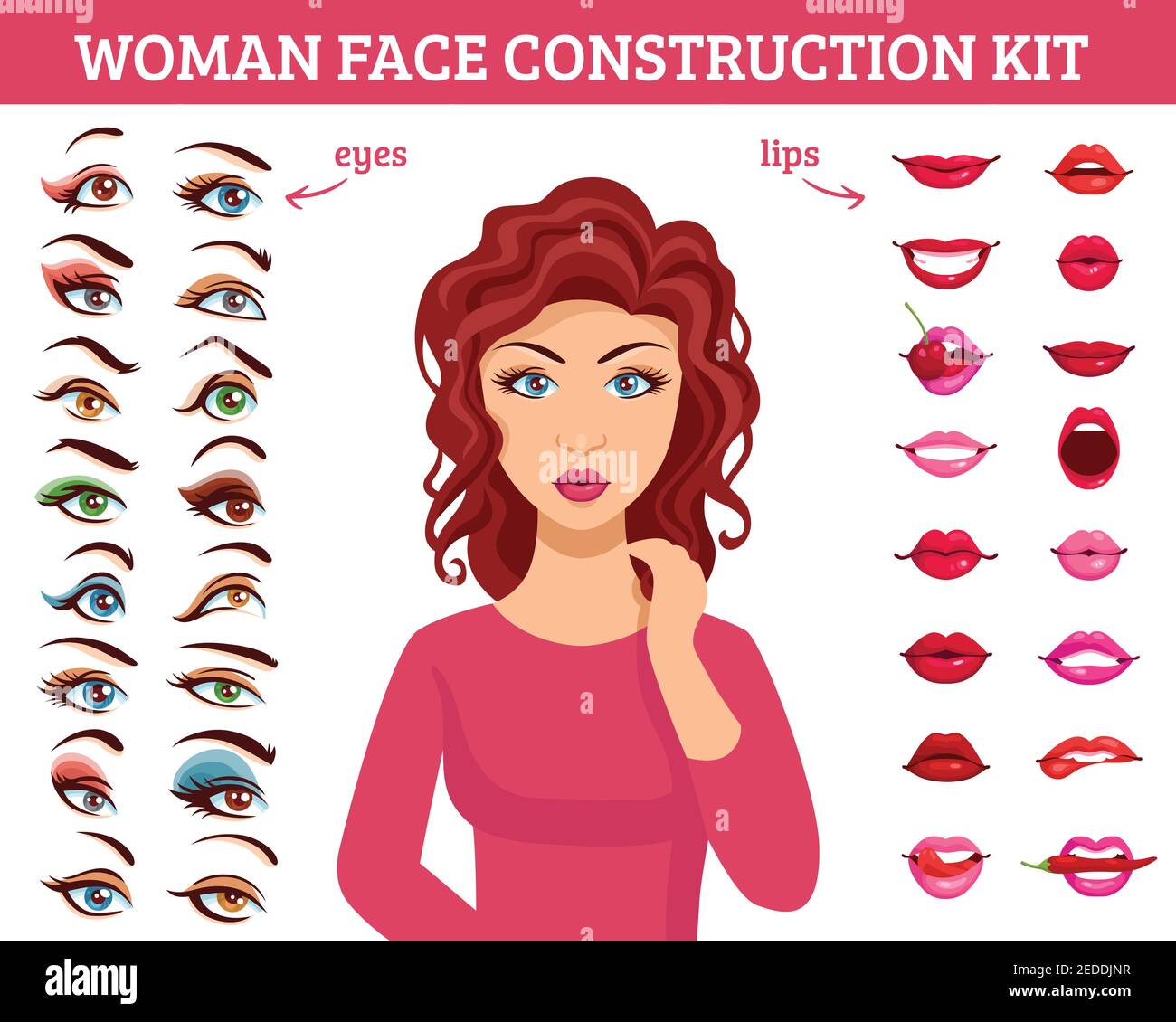 Woman face construction kit with eyes and lips makeup flat vector ...