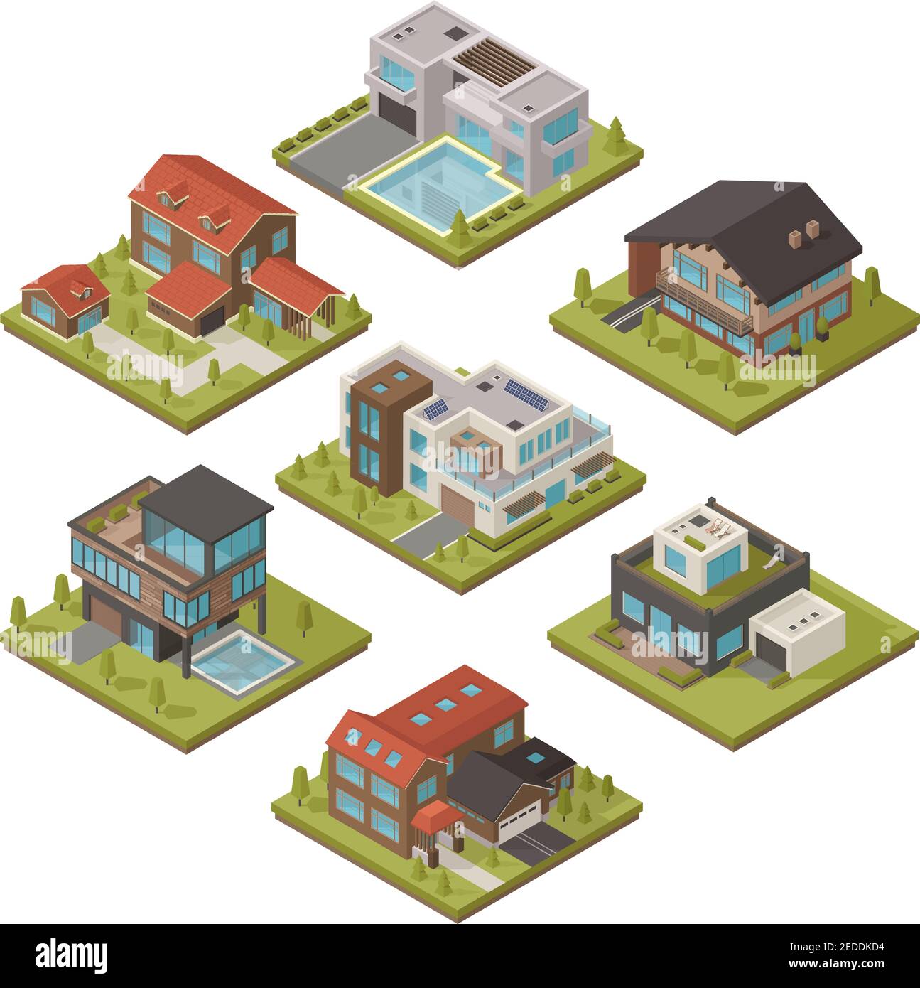 Isolated colored and isometric house icon set with piece of landscape ... Isolated colored and isometric house icon set with piece of landscape ...