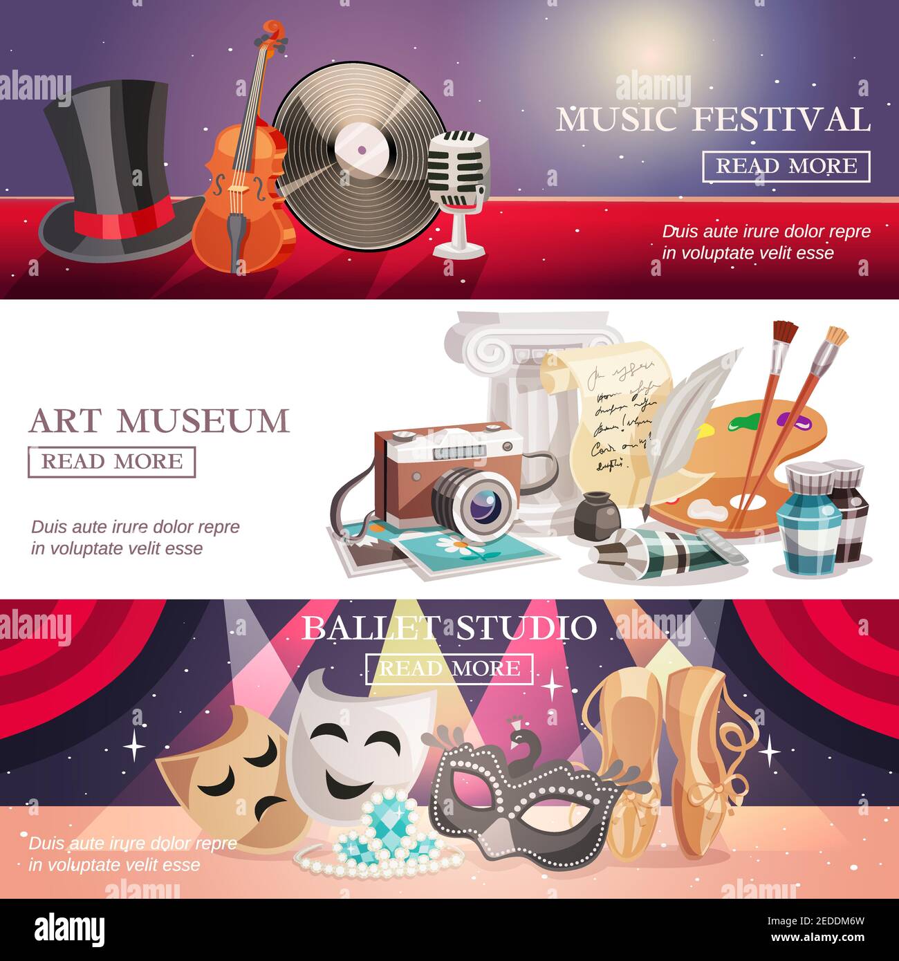 Set of horizontal banners with arts museum music festival and ballet ...