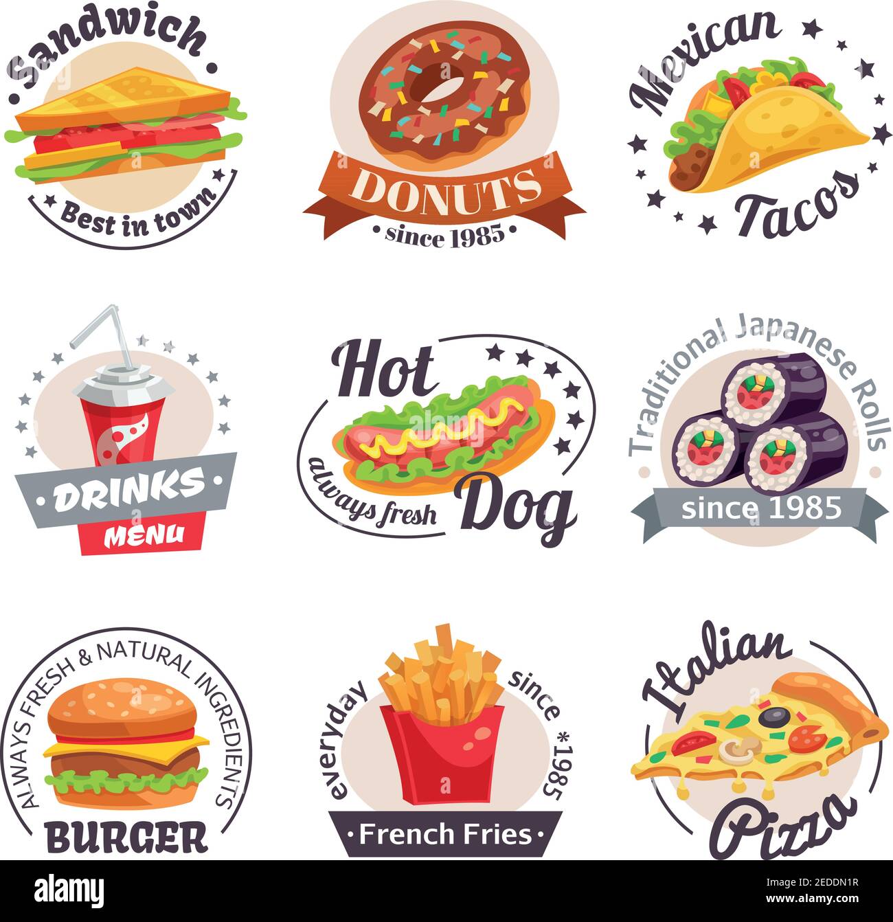 Fast food set of labels with burgers hotdogs japanese rolls drinks and ...