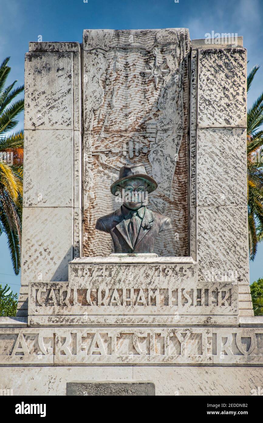 The bronze bust of Carl Graham Fisher, founder of Miami Beach, on his ...