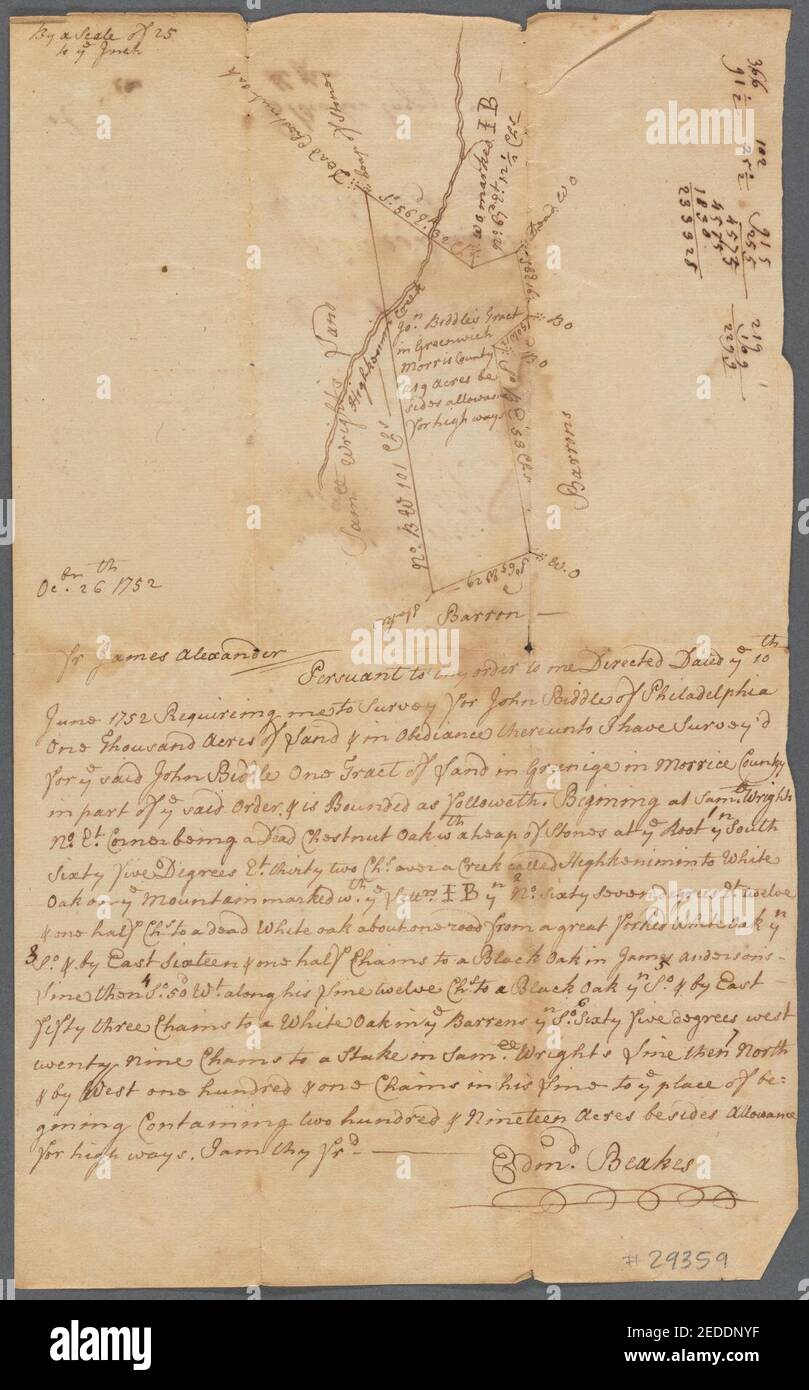 John Biddle's survey of 219 acres in Morris County, 1752 (survey of ...