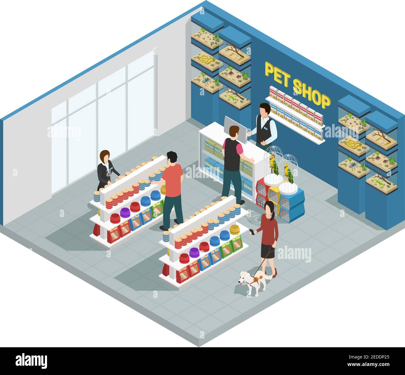Pet shop composition with customers goods and pets isometric vector ...