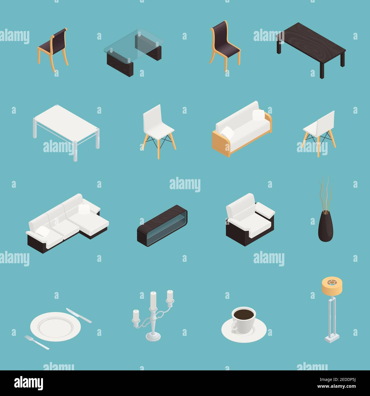 Dining room interior isometric icons set on blue background isolated ...