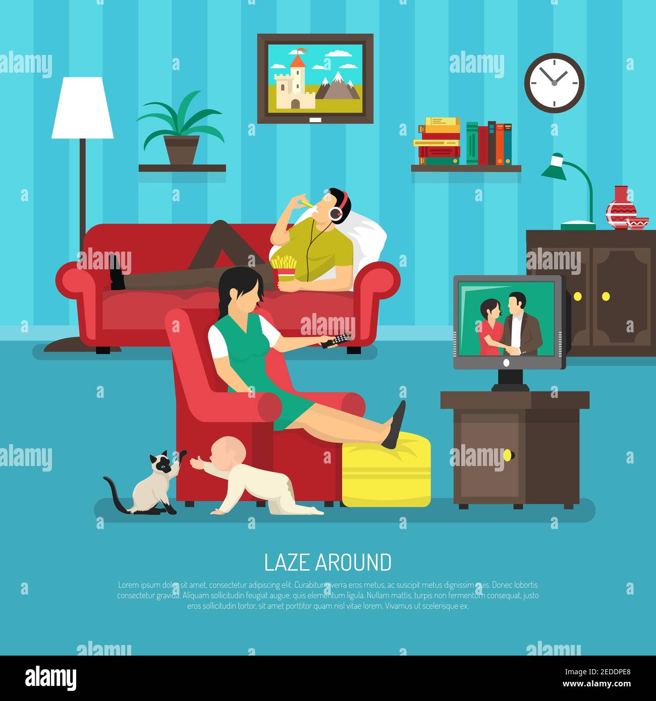 Lazy people design with kid near woman watching tv and man in headphone ...