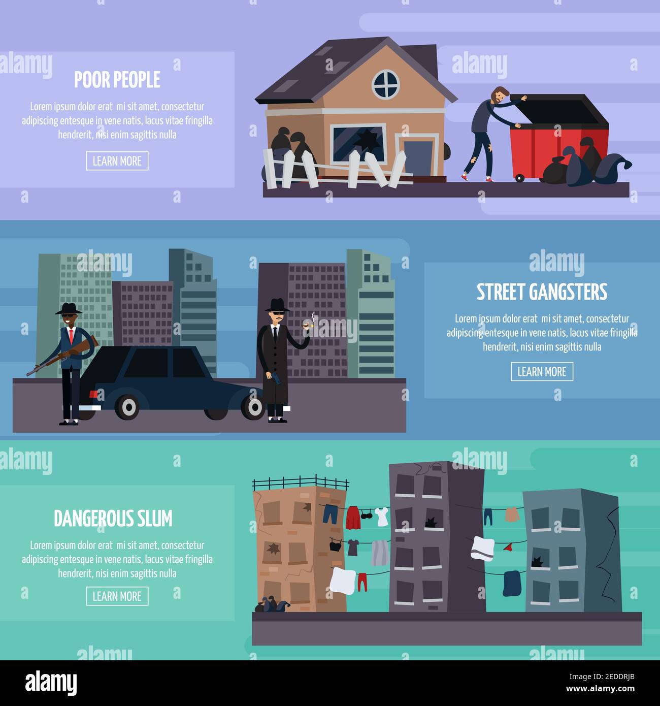 Three colored and flat ghetto slum flat banner set with poor people ...
