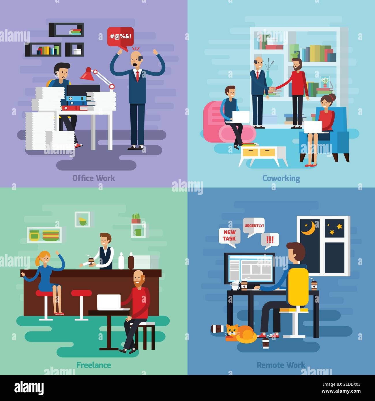 Four square working character composition set with office work ...