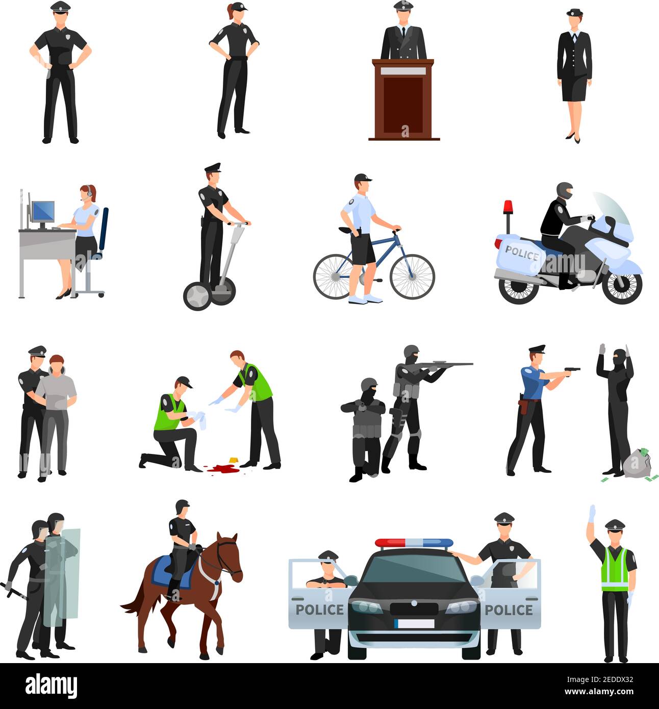 Police people in office and outside flat color icons set with traffic ...
