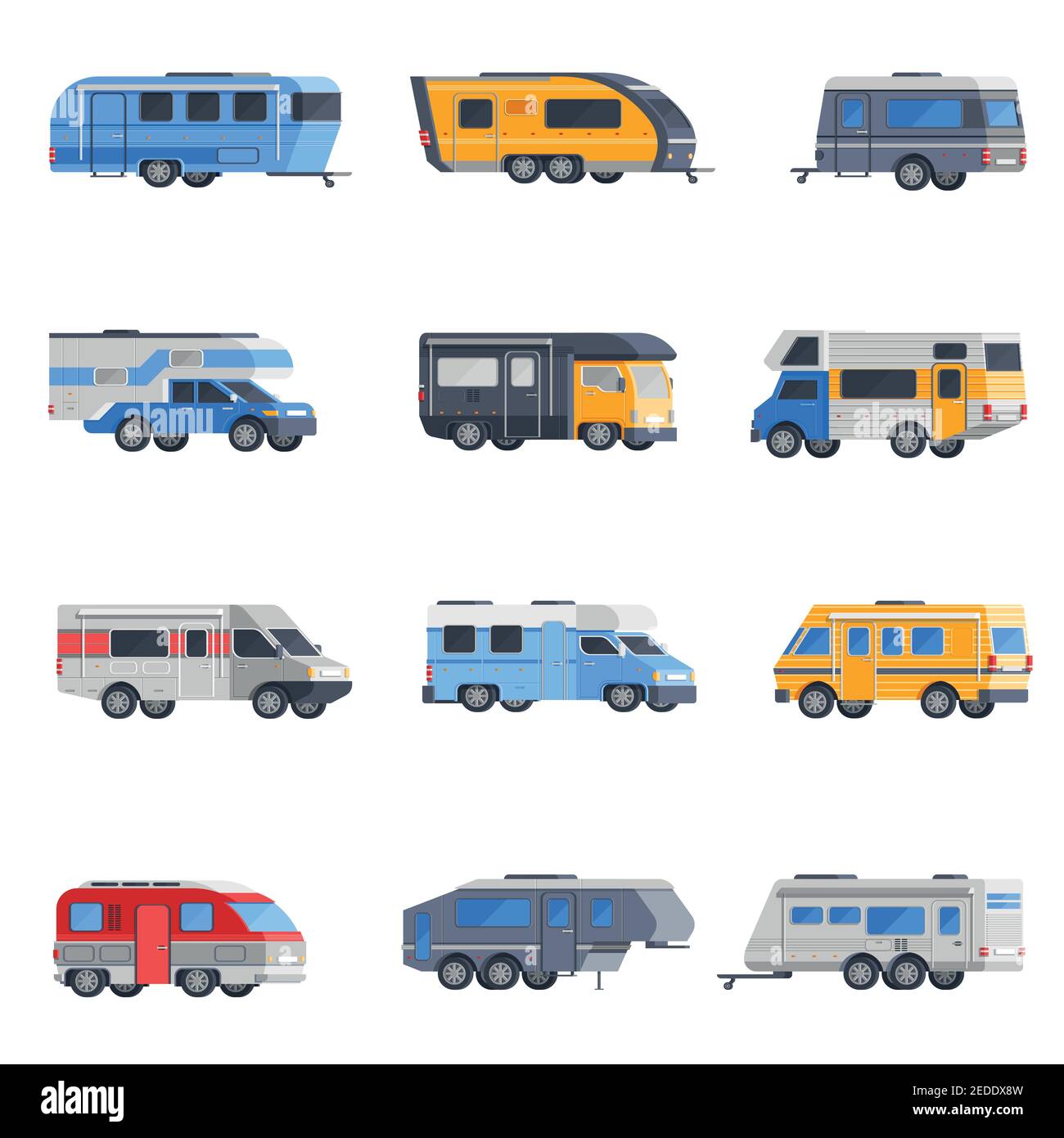 Colored and isolated isometric camping vehicles icon set with trailers ...