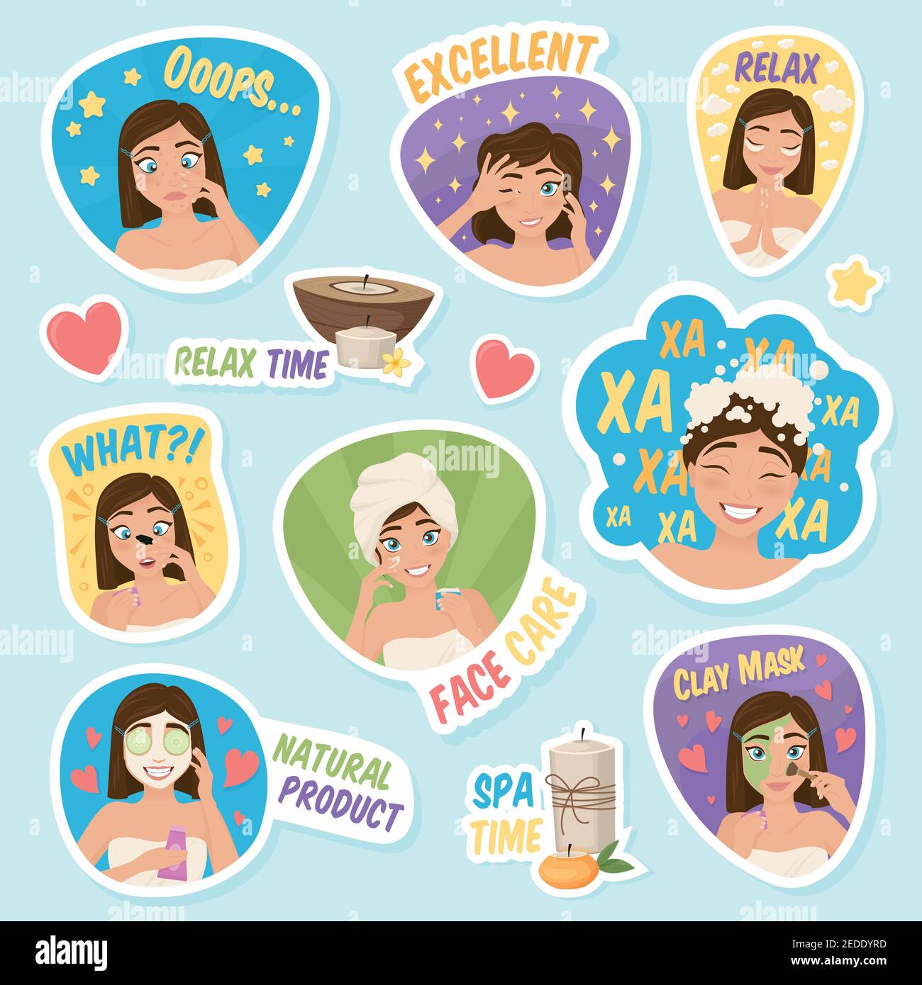 Set of woman morning routine stickies with cartoon girl characters with ...