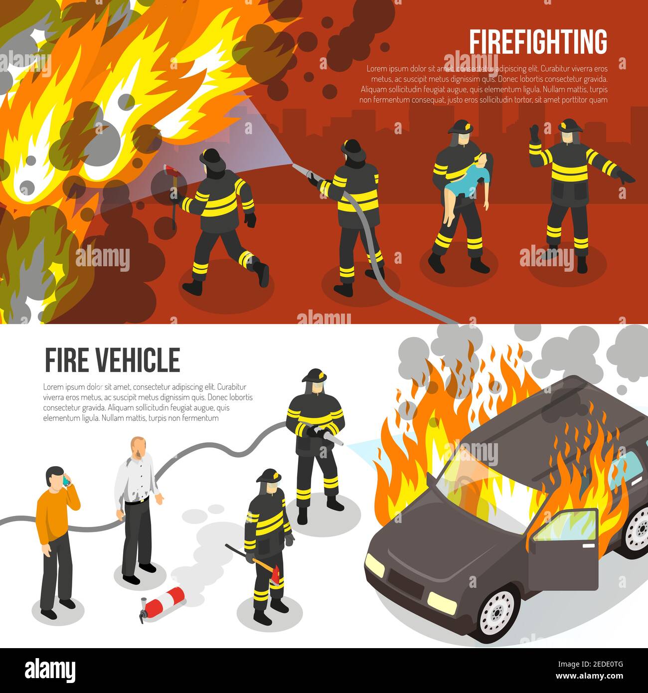 Horizontal banners with fire department fighting with flame in city and ...